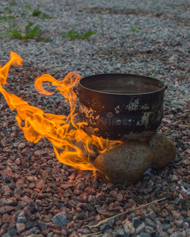 The Burn with a Bright Flame Stones and Camp Pot. Stock Photo - Image ...