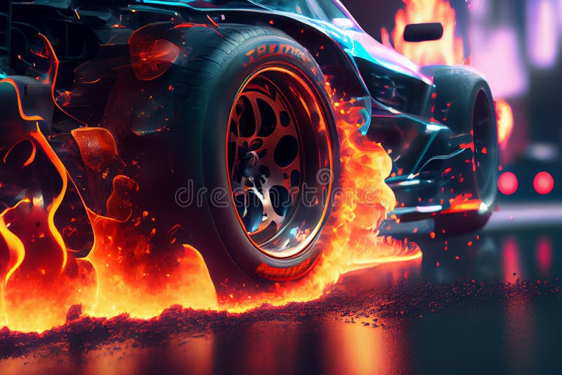 Burn Out. Car Wheel on Fire, Flames Under the Wheel of the Car Stock ...