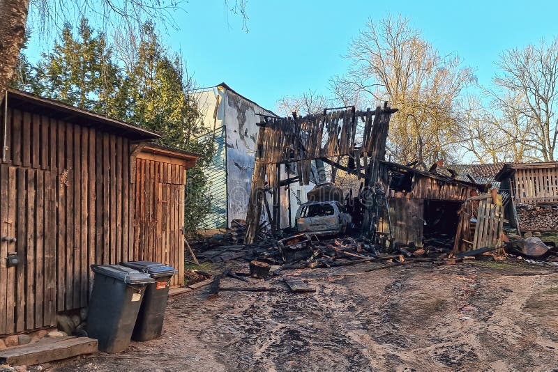 Burned Barn, Garage and Car. Sunny Spring Day Stock Image - Image of ...