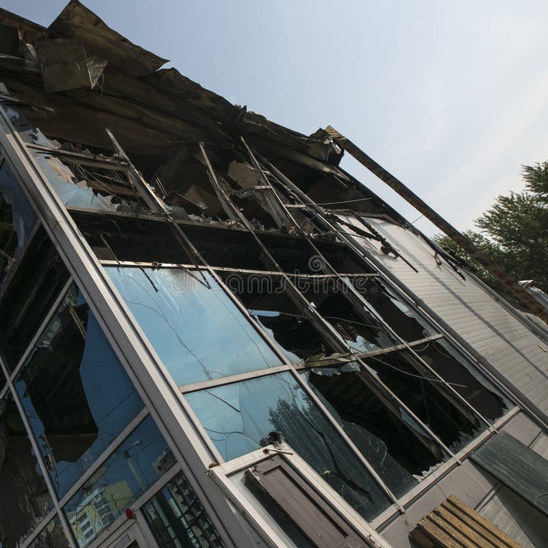 Burned Building with Broken Windows in Summer Stock Image - Image of ...
