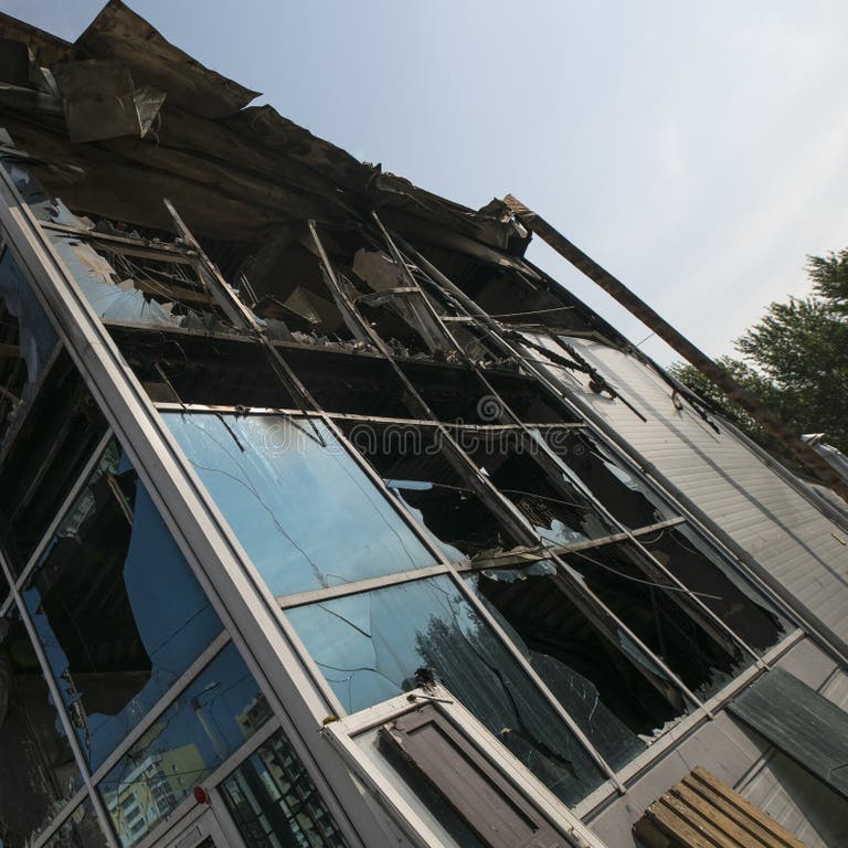 Burned Building with Broken Windows in Summer Stock Image - Image of ...