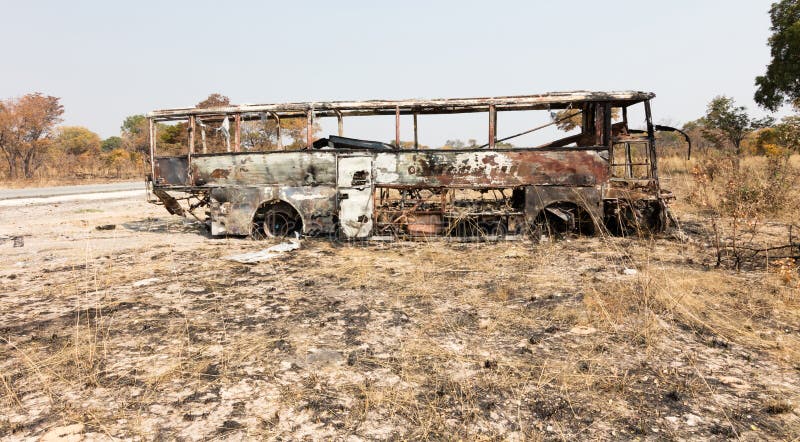 Burned Bus at the Side of the Road Stock Image - Image of rusted ...