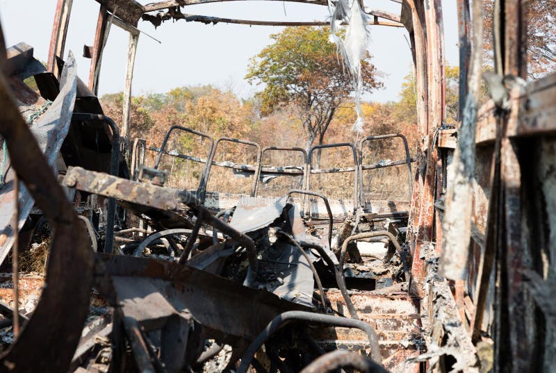 Burned Bus at the Side of the Road - Seats in the Back Stock Image ...