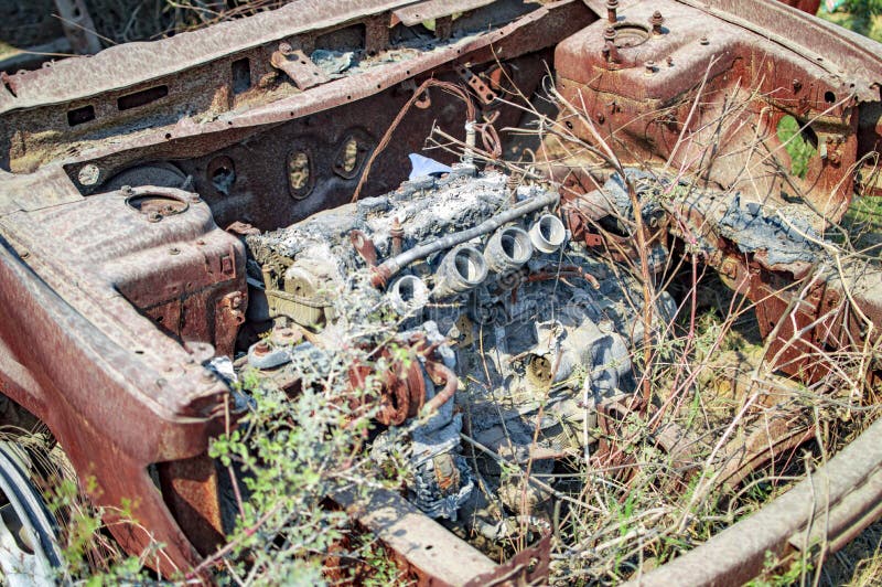 A Burnt Car Engine with Propeller after a Fire or an Accident in a ...