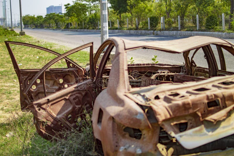 Burned Car with Burnt Two Doors Open Stock Image - Image of burn, heat ...