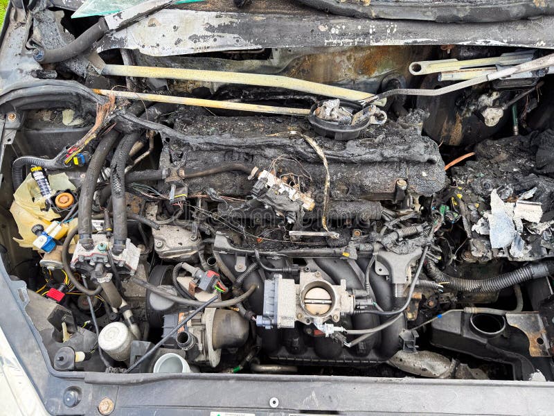 Burned Car Engine Compartment Showing Fire-damaged Engine Block, Melted ...