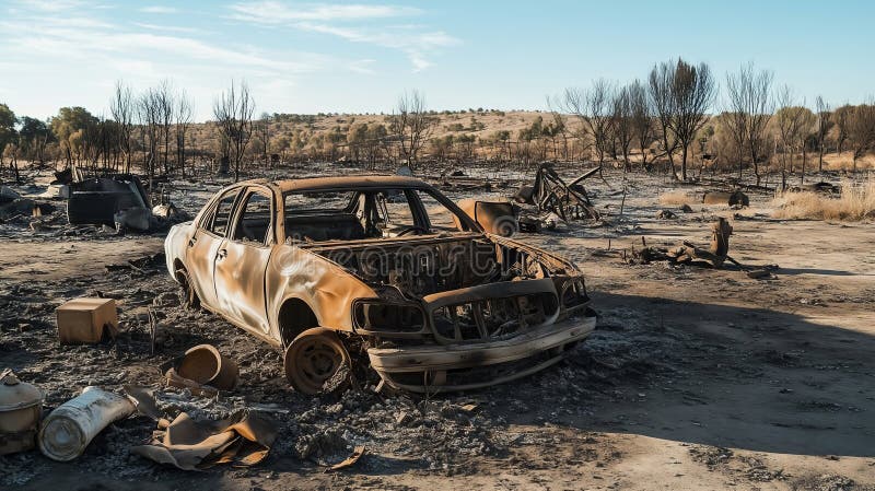 Burned Car and Landscape after a Bushfire or Wildfire Stock Photo ...