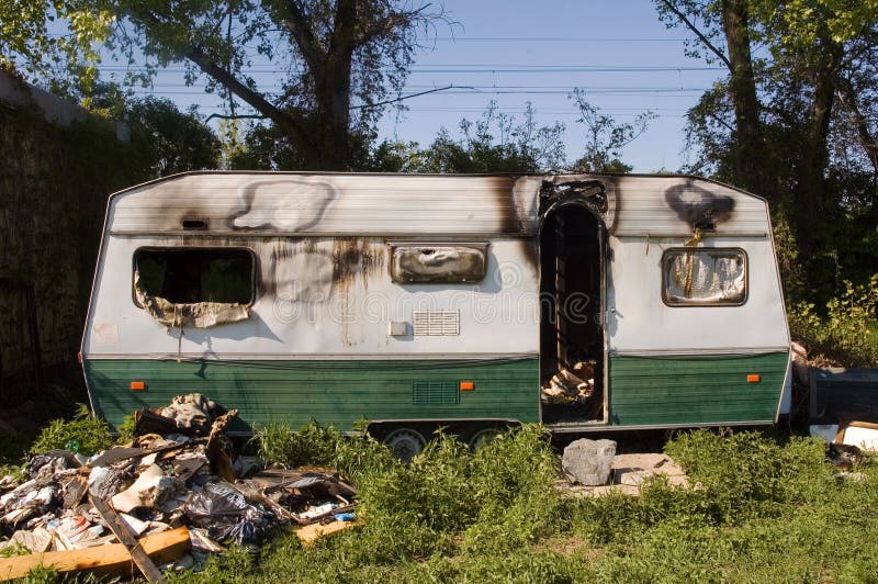 Burned caravan stock photo. Image of green, burned, trees - 20944492
