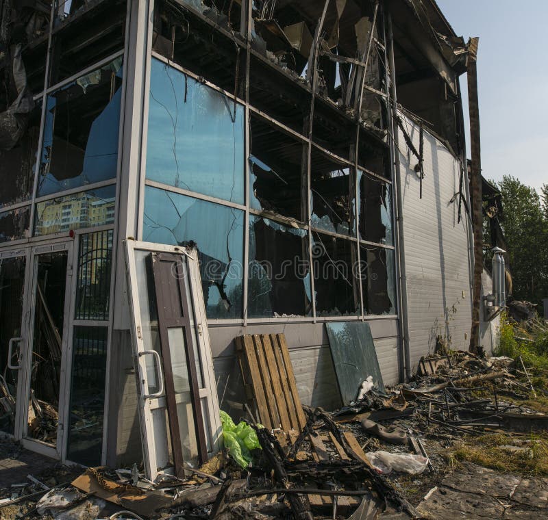 Burned Construction with Broken Windows in Summer Stock Image - Image ...