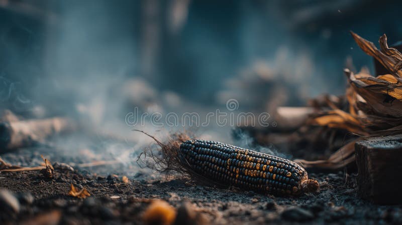 Burned Corn Cob Lies on Ground, Surrounded by Smoke and Ash, Creating ...