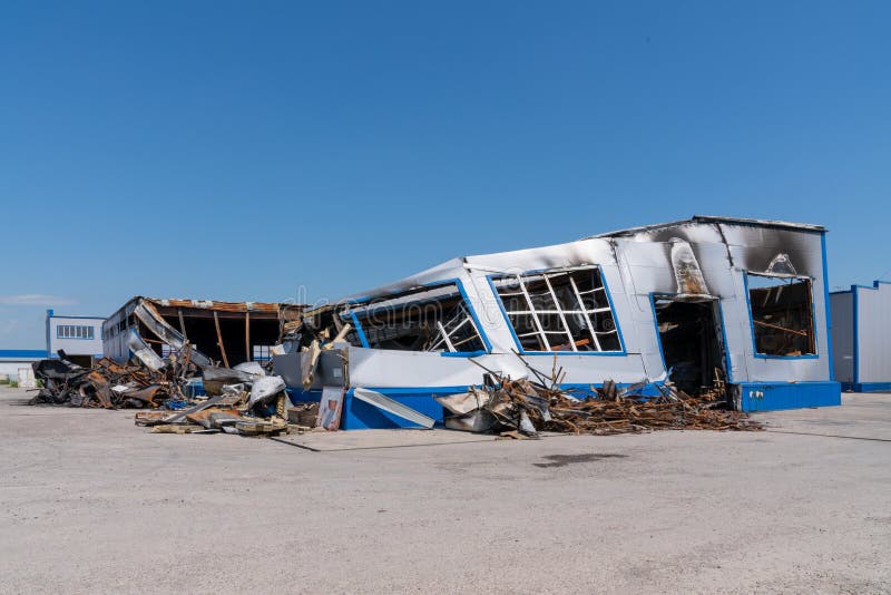 The Burned and Destroyed Structure is Made of Profiled Sheet. View from ...