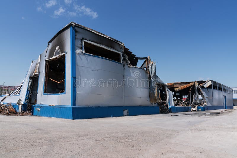 The Burned and Destroyed Structure is Made of Profiled Sheet. View from ...