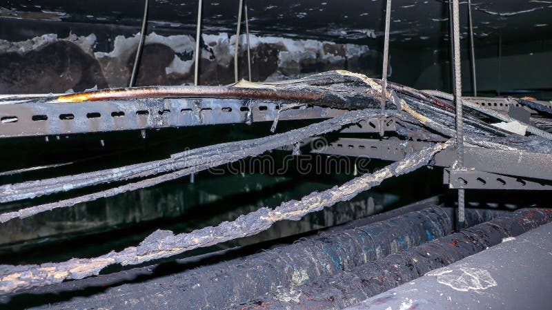 Burned Electrical Wires and Cables in Ceiling Stock Image - Image of ...