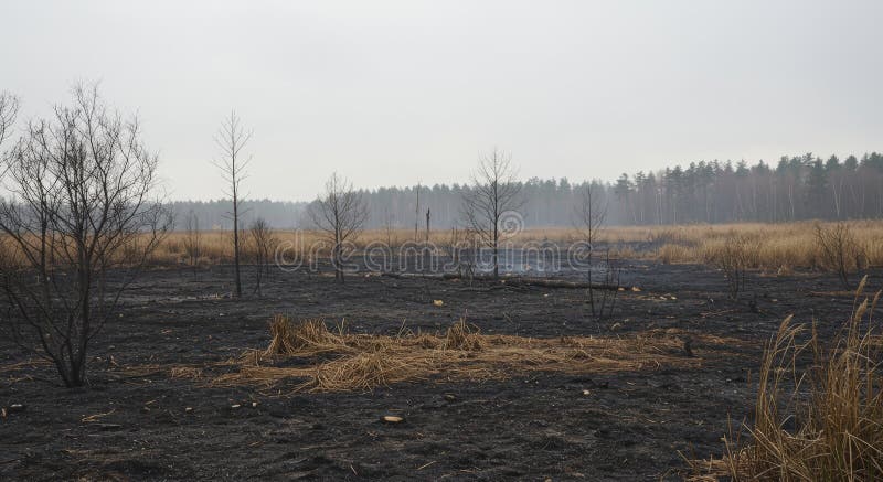 Burned Field Landscape with Bare Trees and Forest in Background Stock ...