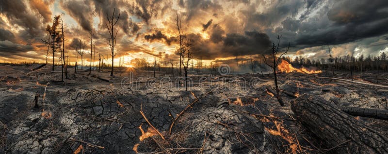 Burned Forest Landscape with Dramatic Sunset and Smoky Sky ...