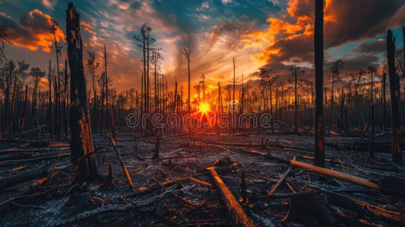 A Burned Forest Landscape during Sunset with Flames Still Burning in ...