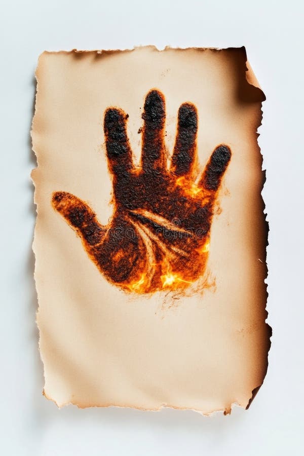 Burned Handprint on Scorched Paper with Fiery Details Stock Photo ...