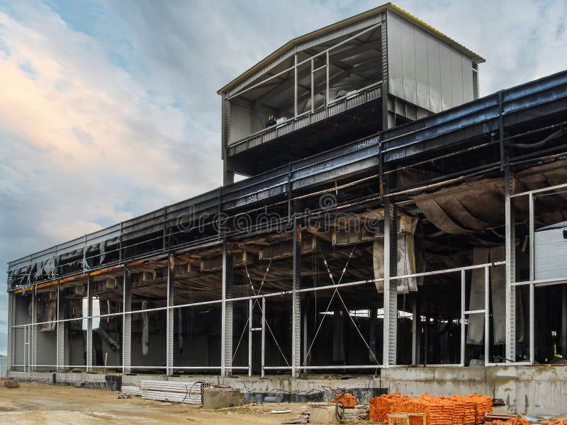 Fire Damage at Industrial Warehouse Construction Site Stock Image ...