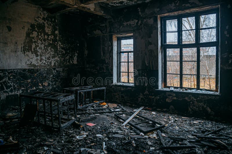 Burned Interiors after Fire in Industrial or Office Building. War or ...