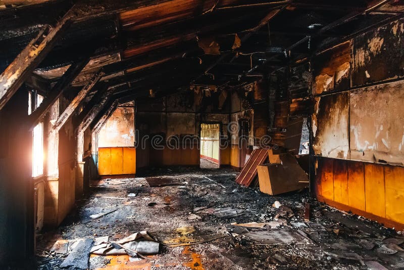 Burned Interiors after Fire in Industrial or Office Building. War or ...