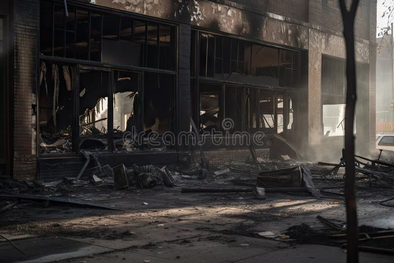 Burned-out Building with Shattered Windows and Debris Lying on the ...