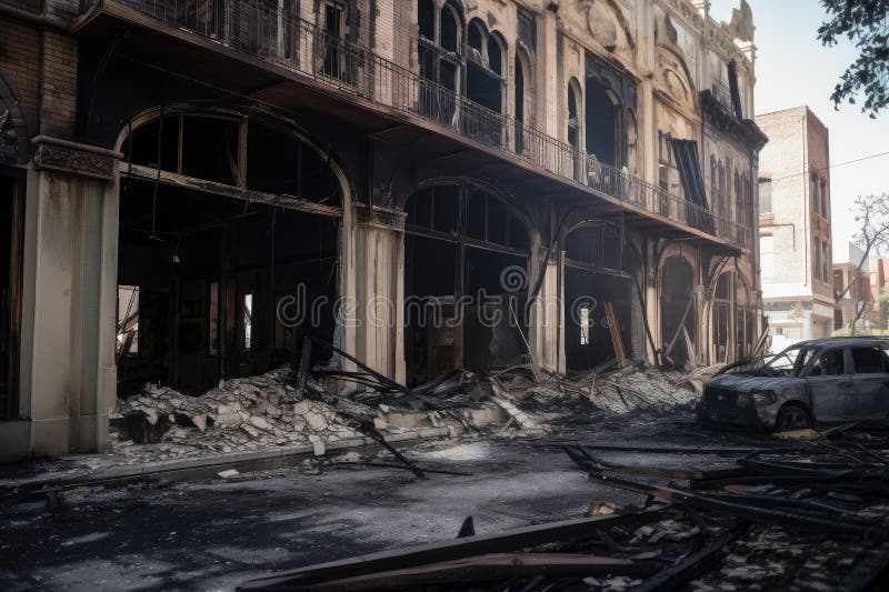 Burned-out Building with Shattered Windows and Debris Lying on the ...