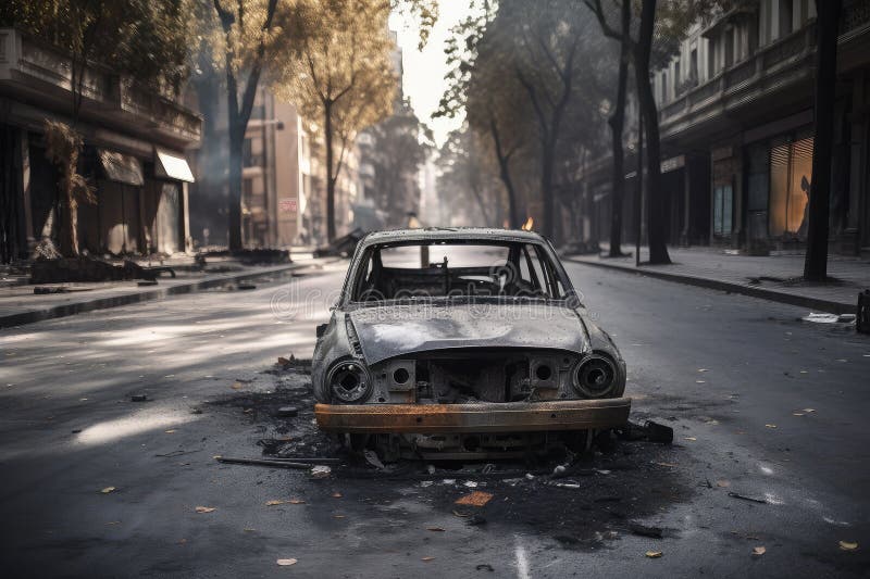 Burned-out Car in the Middle of Deserted Street Stock Illustration ...