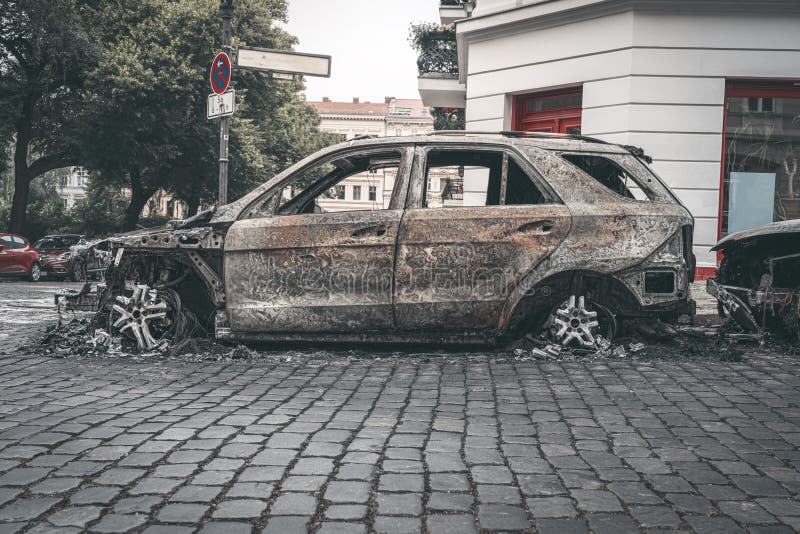Burned out cars stock photo. Image of destruction, fire - 155272530