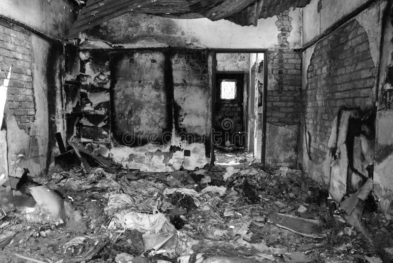 Burned room in a house stock photo. Image of white, monochrome - 180041958
