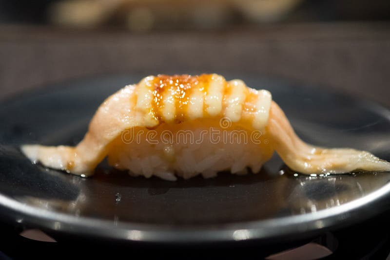 Burned Salmon Sushi with Sauce on Plate Stock Photo - Image of japanese ...