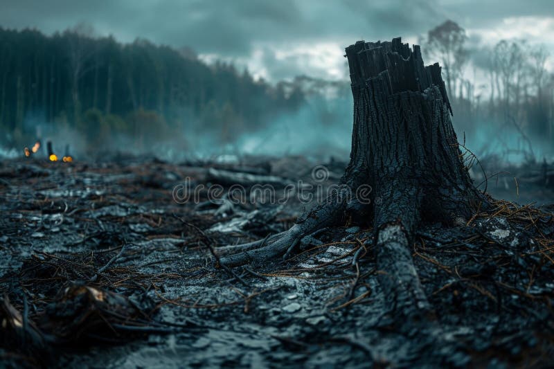 Burned Tree Stump in a Desolate Forest Landscape after a Wildfire Stock ...