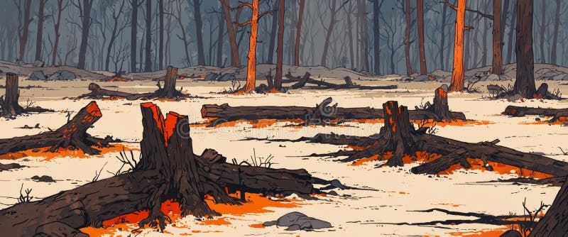 Burned Tree Stumps and Ash-covered Ground in a Forest Fire Aftermath ...