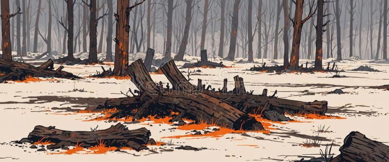 Burned Tree Stumps and Ash-covered Ground in a Forest Fire Aftermath ...