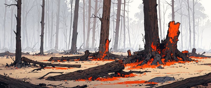 Burned Tree Stumps and Ash-covered Ground in a Forest Fire Aftermath ...