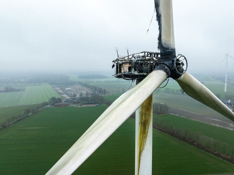 Burned wind turbine stock photo. Image of overheated - 356546060