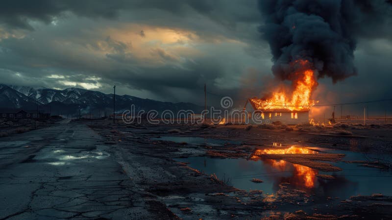 Burning Abandoned House Engulfed in Flames at Dusk on a Desolate Plain ...