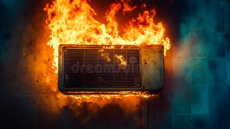 A Burning Air Conditioner on Fire in a Tiled Wall Stock Image - Image ...