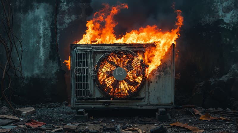A Burning Air Conditioner Sitting on the Ground in Front of a Wall ...