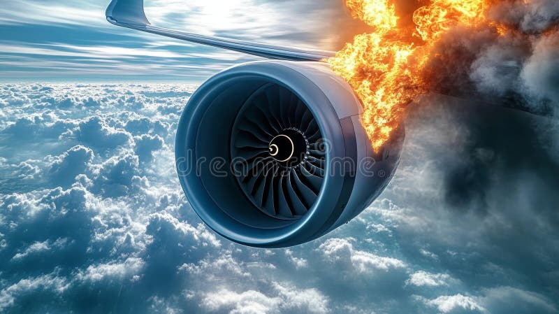 Burning Airplane Engine in Flight Aircraft Emergency, Fire Hazard, Air ...