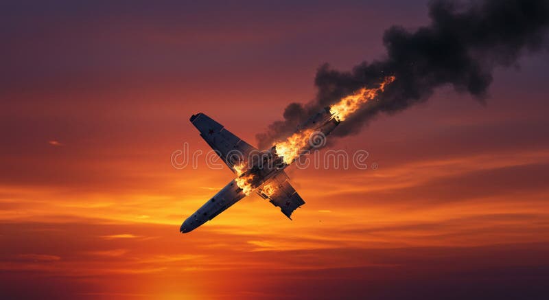 Burning Airplane Falling from Sky Against Fiery Sunset Backdrop Stock ...