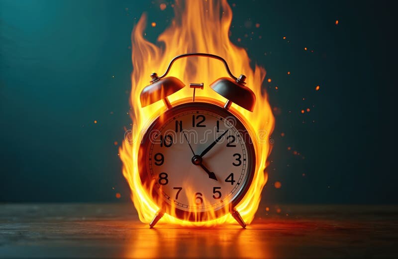 Burning Alarm Clock Symbolizes Deadline Pressure, Time Running. Flame ...