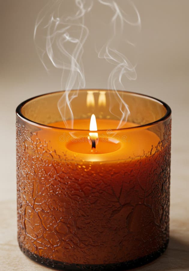 Burning Amber Glass Candle with Warm Light and Smoke Stock Illustration ...