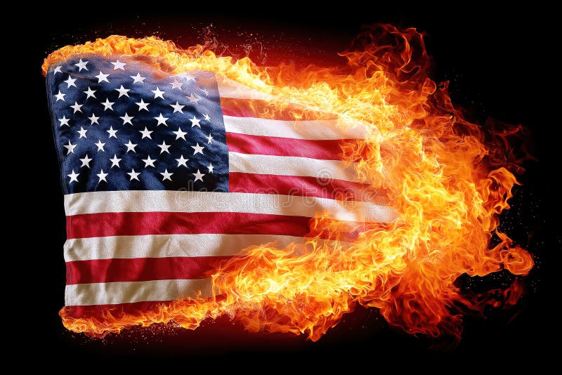 Burning American Flag of the USA on Fire on a Black Background. a ...