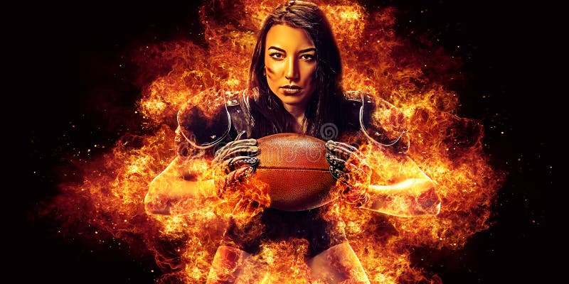 Burning American Football Player Woman On Dark Background With Space For Text Stock Image
