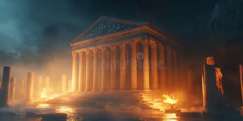 Burning Ancient Temple a Dramatic Night Scene Image Stock Illustration ...