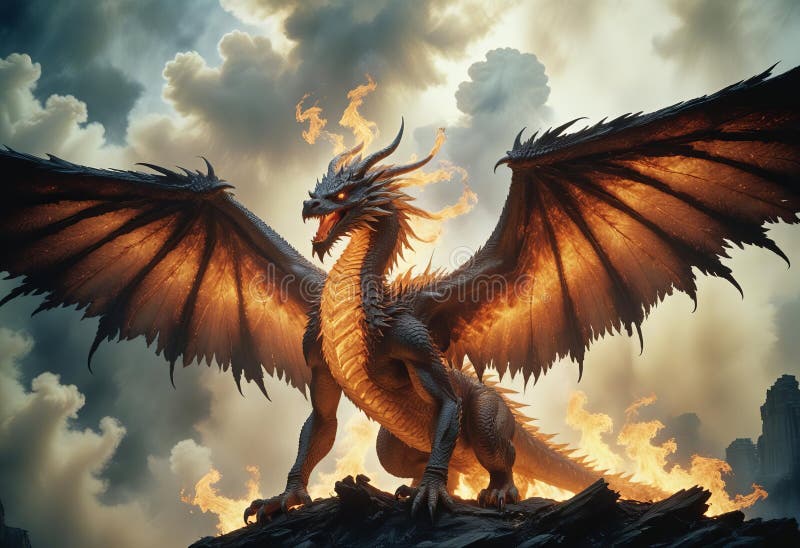 Burning Angel Dragon Wings, Dark Atmospheric Mood Stock Illustration ...