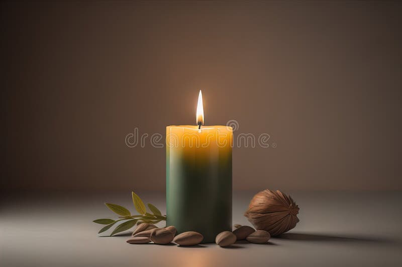 Burning Aroma Candle on Wooden Table Against Solid Color Background ...