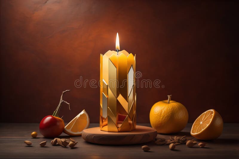 Burning Aroma Candle on Wooden Table Against Solid Color Background ...