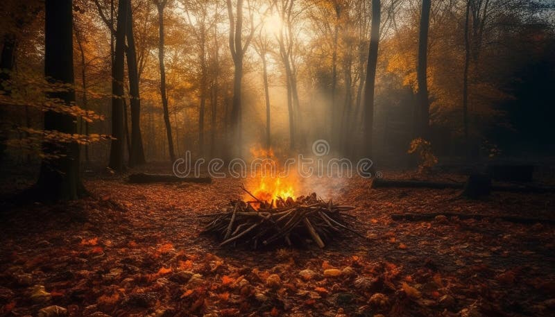 Burning Autumn Bonfire Illuminates Tranquil Forest Landscape Generated ...