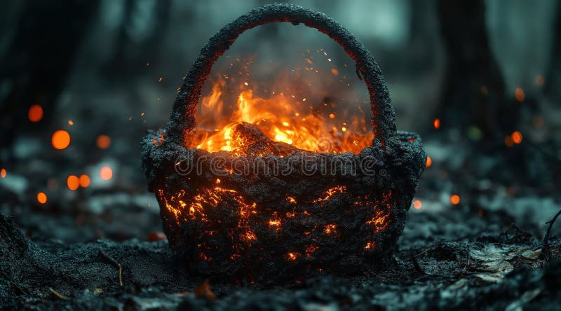 Burning Basket with Glowing Embers in Forest Stock Image - Image of ...
